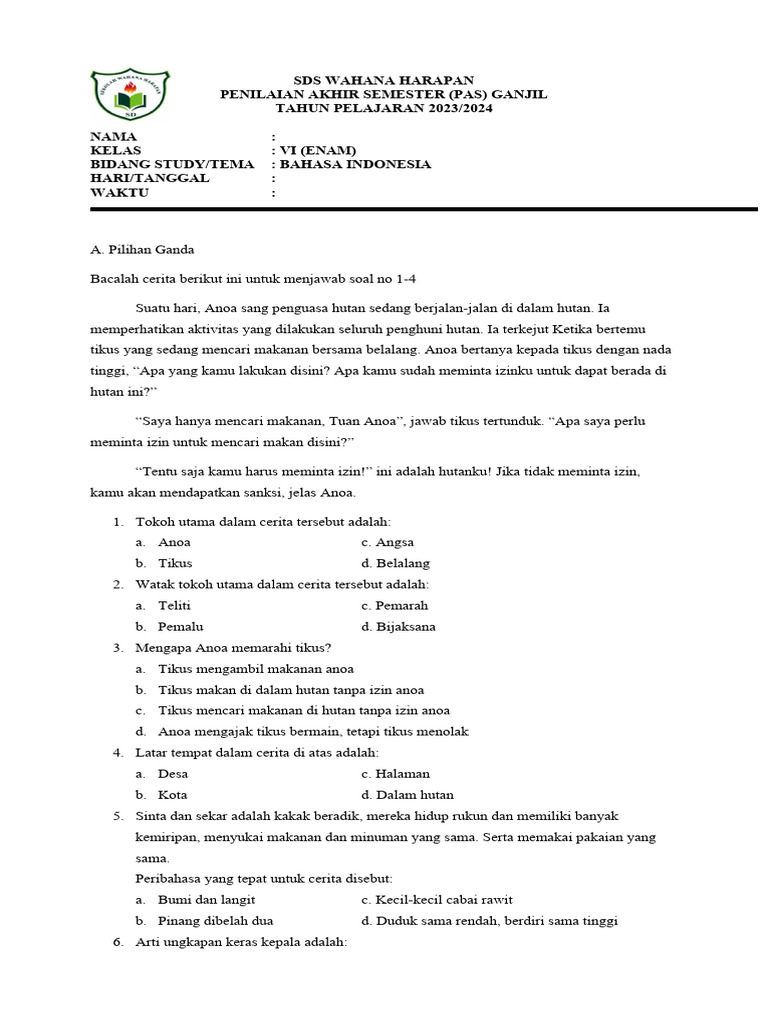 BINDO Senester 1 PAS | PDF | Seni & Disiplin Bahasa