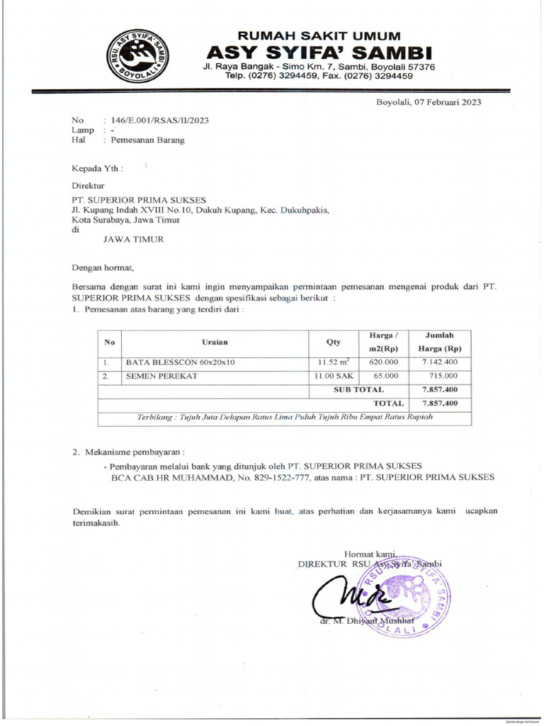 Surat Order PT SUPERIOR PRIMA SUKSES | PDF