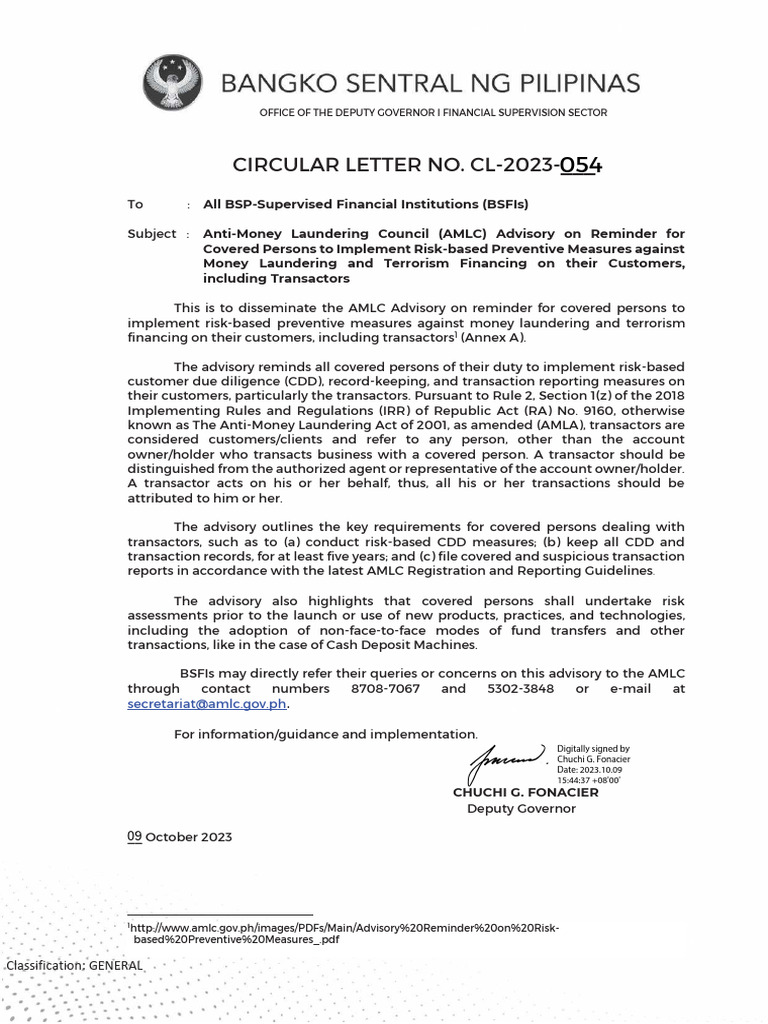 BSP CL-2023-054 | PDF | Money Laundering | Identity Document