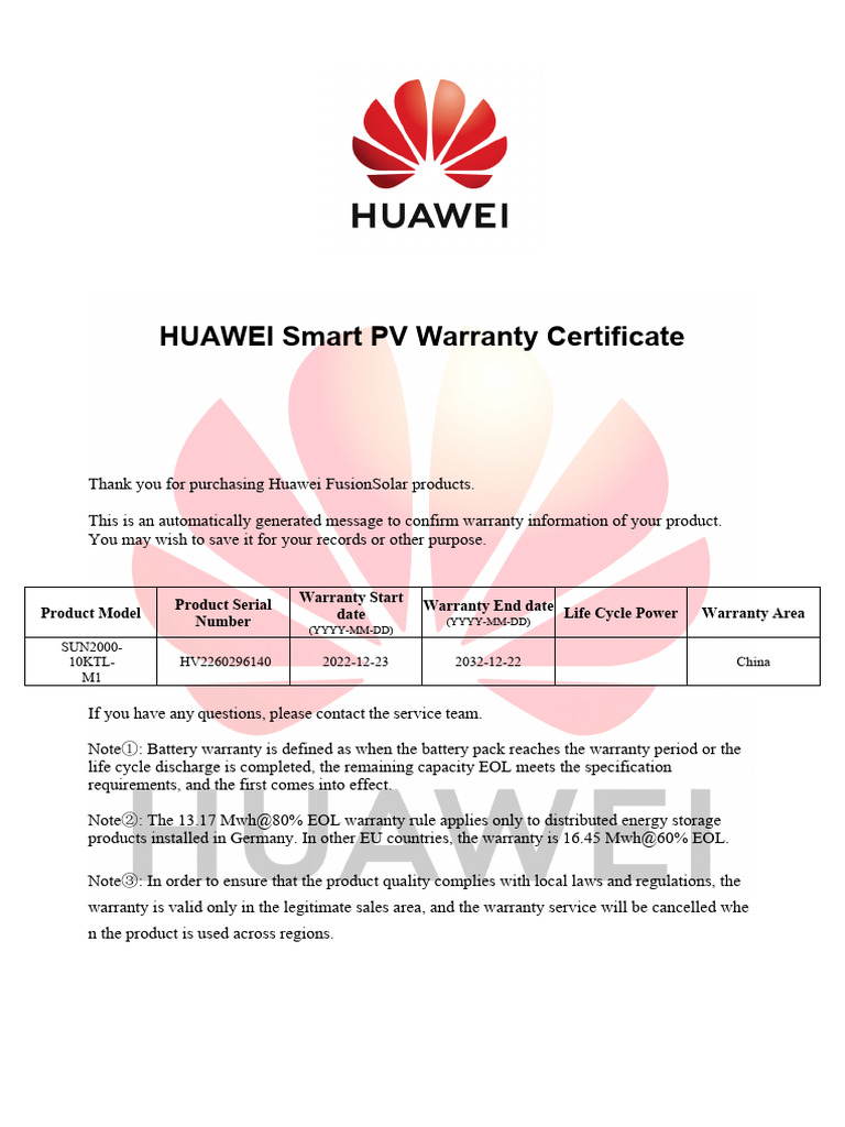 Huawei Smart PV Warranty Certificate | PDF | Computers