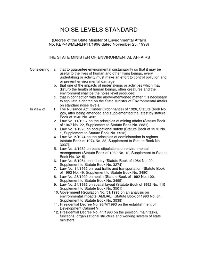 Standard Noise Levels Decree 1996 | PDF | Noise | Decibel