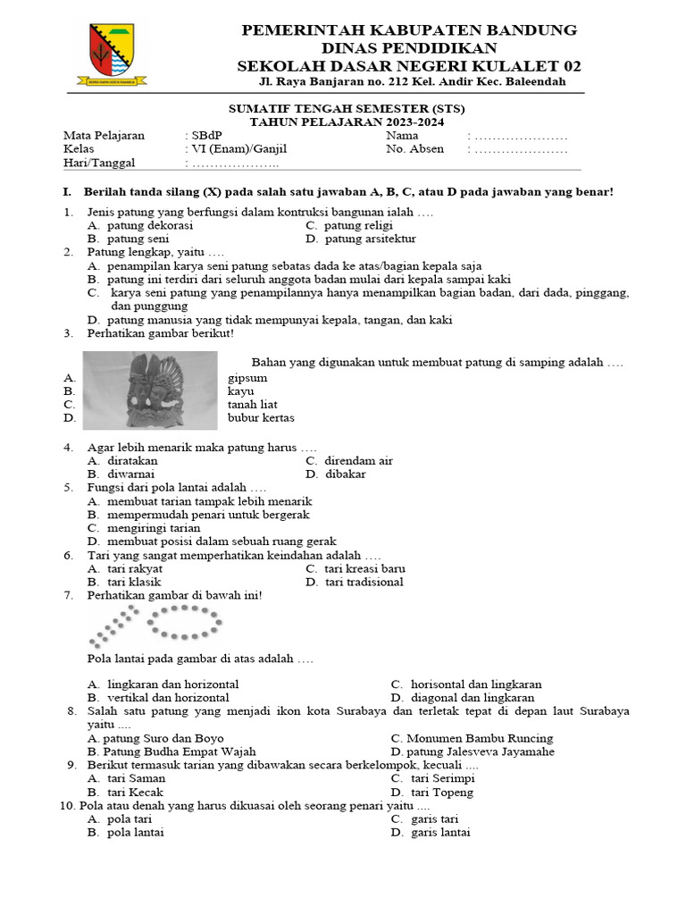 SOAL PTS SBDP KELAS 6 SEMESTER 1 | PDF