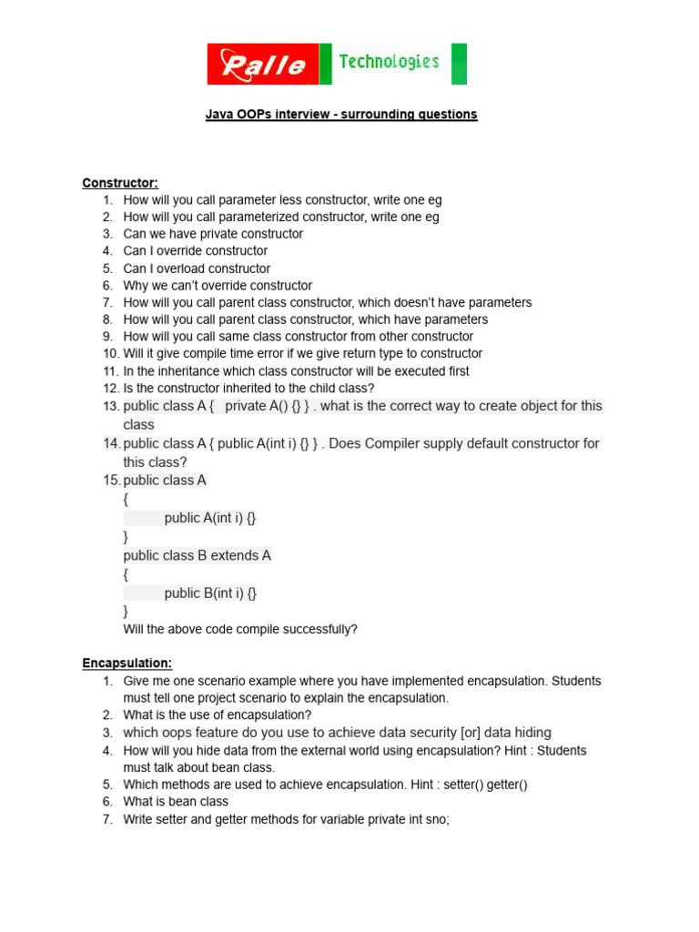 Java OOPs Interview - Surrounding Questions - v2 | Download Free PDF | Class (Computer ...
