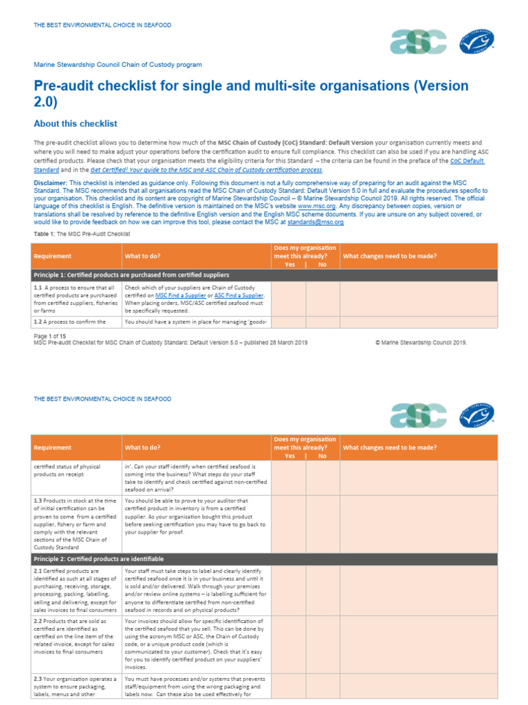 MSC Chain of Custody Single Multi Site Pre Audit Checklist v0 | PDF ...