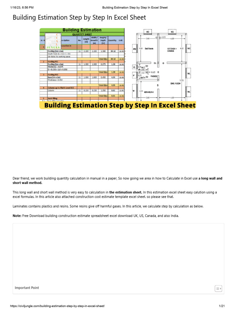 Detailed Estimation of Building With Plan PDF | PDF | Microsoft Excel | Masonry