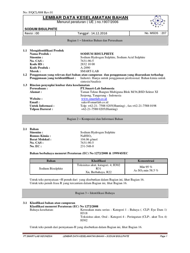 MSDS Sodium Bisulphite PT Smart-Lab | PDF