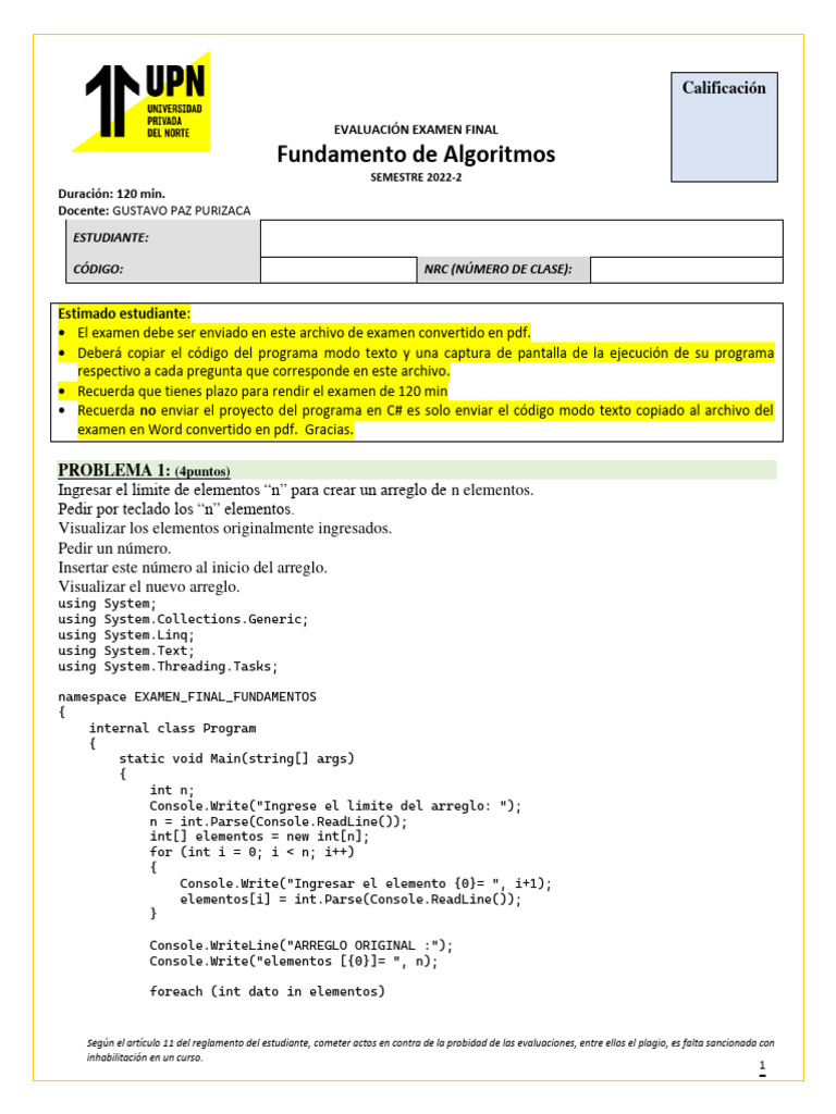 Final - Fundamentos de Algoritmos - Garcia Infante. | PDF | C Sharp ...