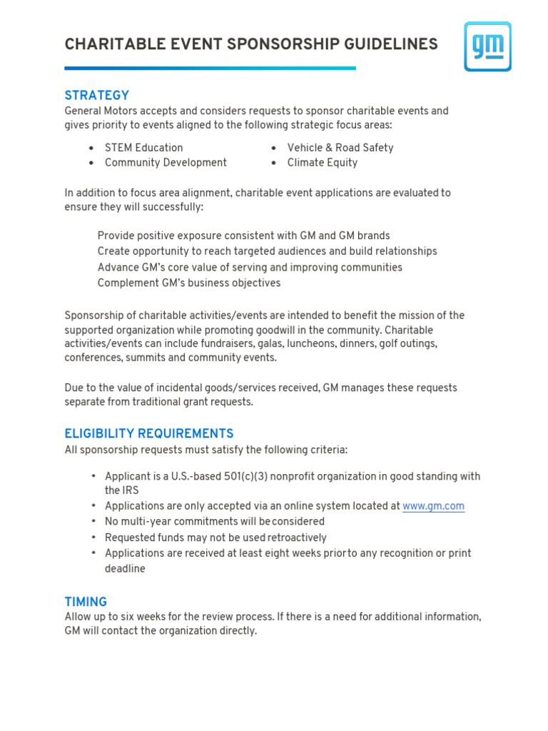 2021 GM Charitable Event Sponsorship Guideline | PDF | Fundraising