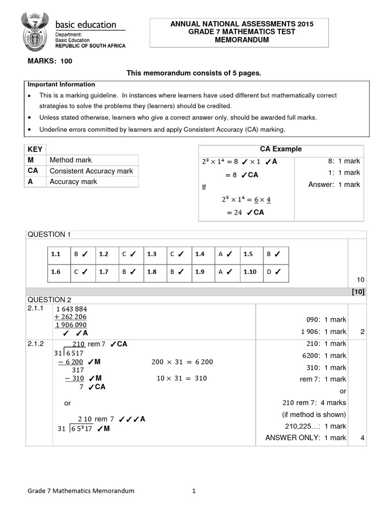 2015 Grade 7 Math English Memo | PDF | Geometry | Euclidean Plane Geometry