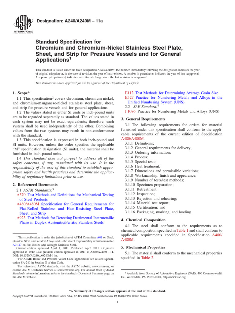 Astm A240 A240m 2011 | PDF | Stainless Steel | Steel
