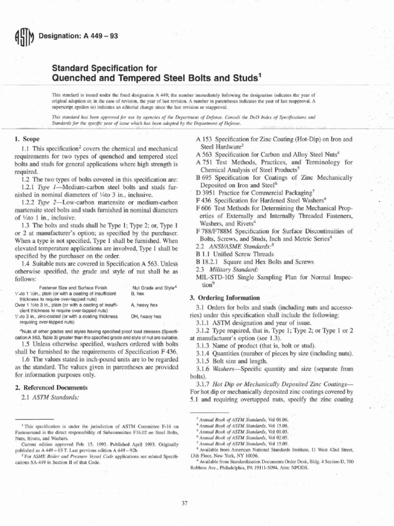 Astm A449 1993 | PDF | Screw | Steel