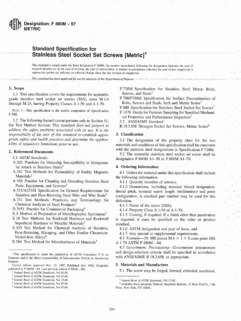 Astm F880M 1997 | PDF | Screw | Materials