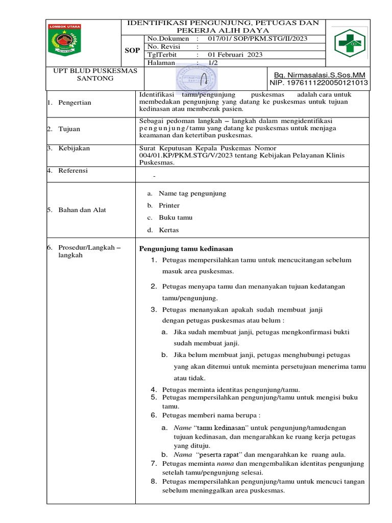 SOP Identifikasi Pengunjung Puskesmas | PDF