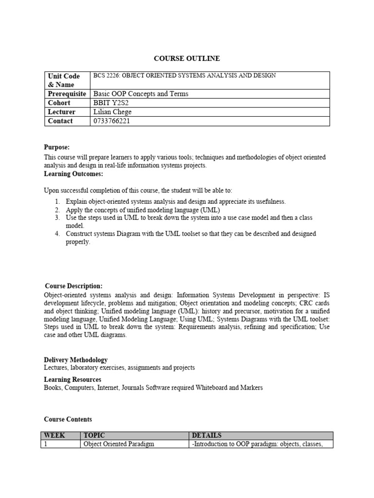Course Outline Ooad Pdf Unified Modeling Language Object Oriented
