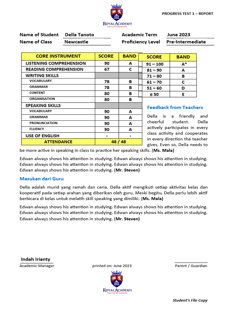Pre-Intermediate Progress Test Report | PDF | Reading Comprehension ...