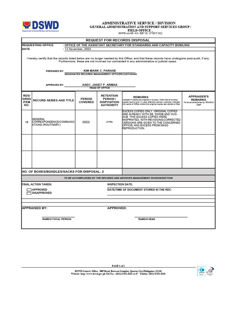 Dswd-As-Gf-018 - Rev 03 - Records Disposal Request | PDF Dswd-As-Gf-018 - Rev 03 - Records Disposal Request | PDF