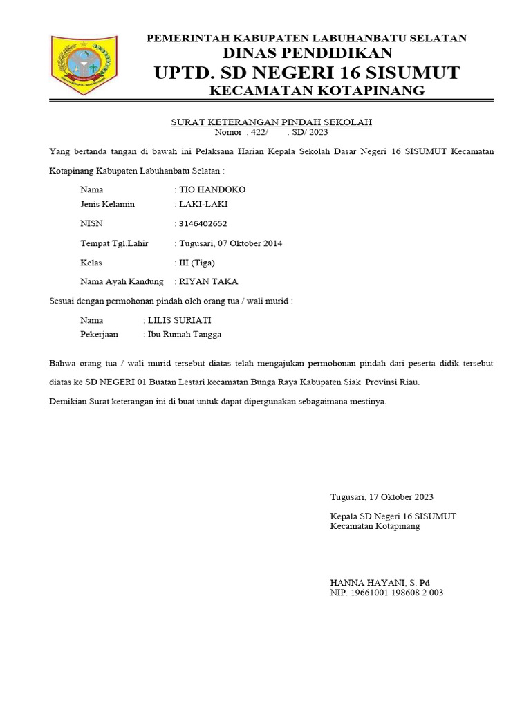 SK Pindah Sekolah | PDF