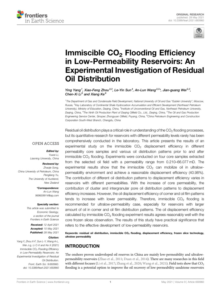 Immiscible CO2 Flooding Efficiency in Low-Permeability Reservoirs An Experimental Investigation ...