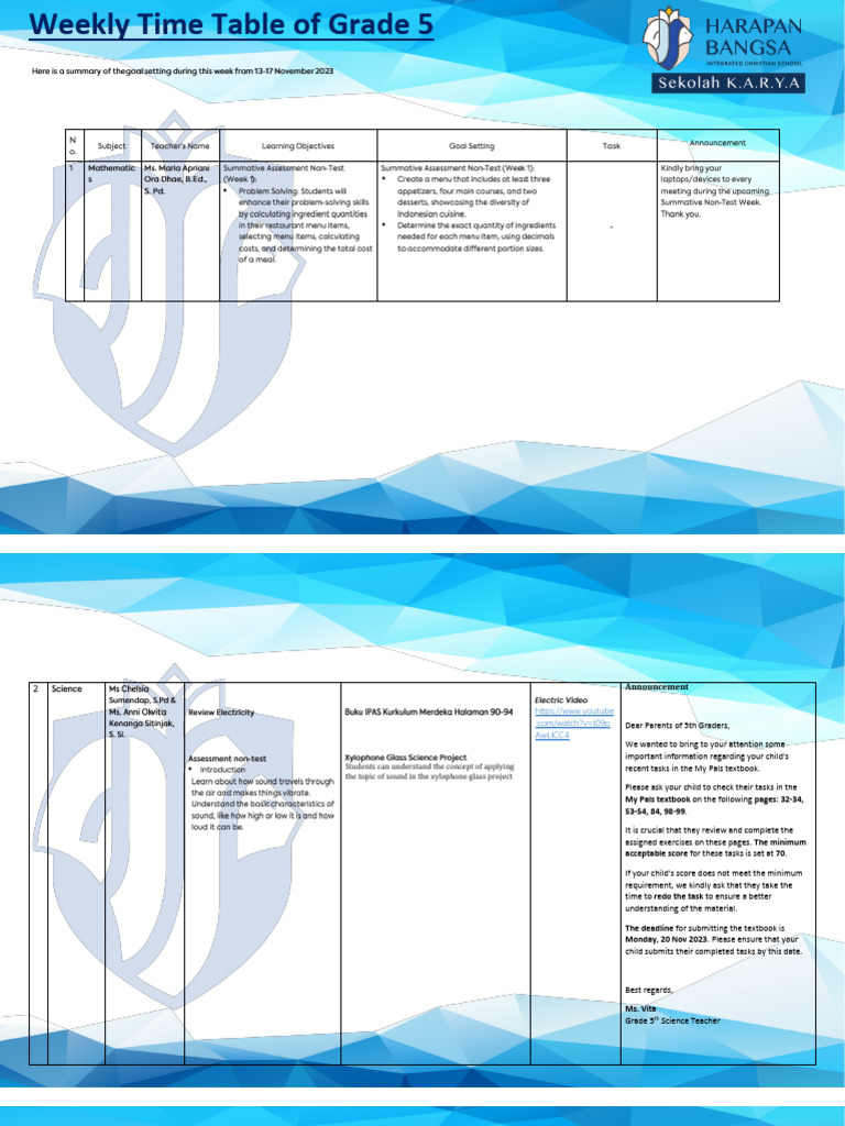 GRADE 5 - WEEKLY TIME TABLE WEEK 18, 1st SEMESTER, A.Y 2023-2024 | PDF | Cognition