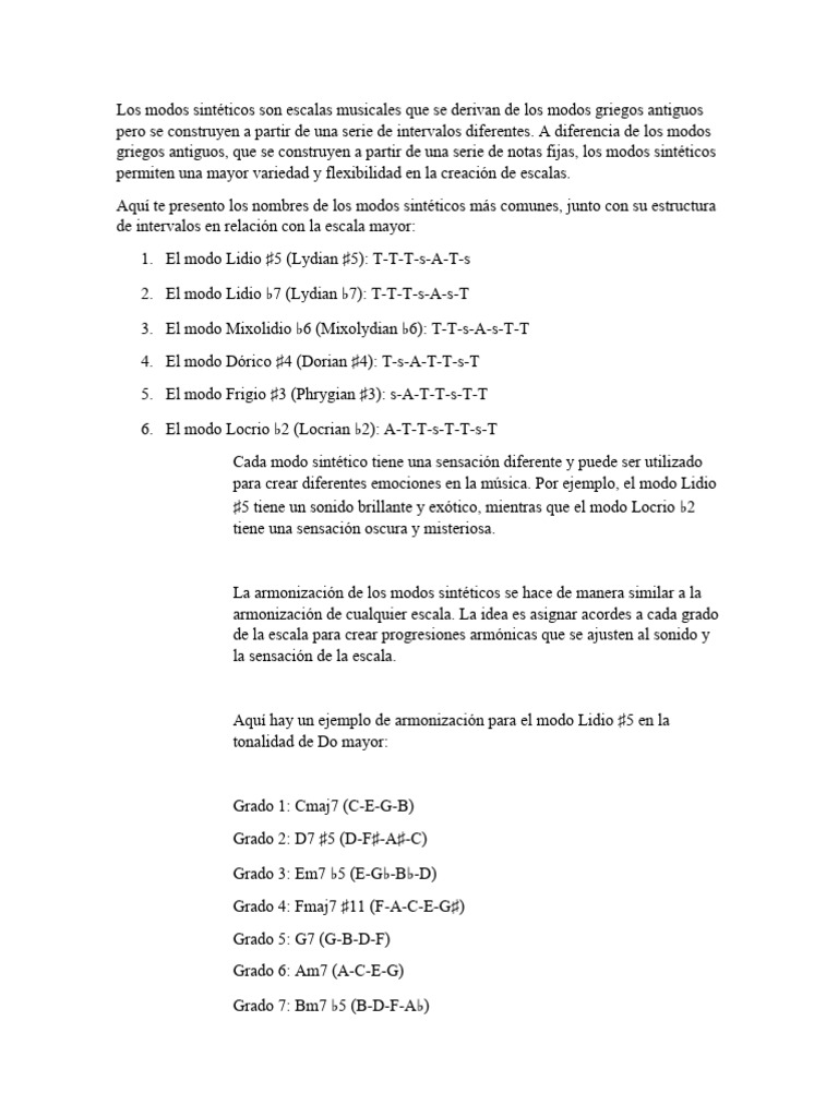 Los modos sintéticos son escalas musicales que se derivan de los modos ...