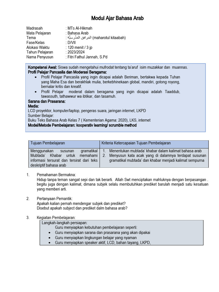 Contoh Kitabah Mubtada' Khabar | PDF