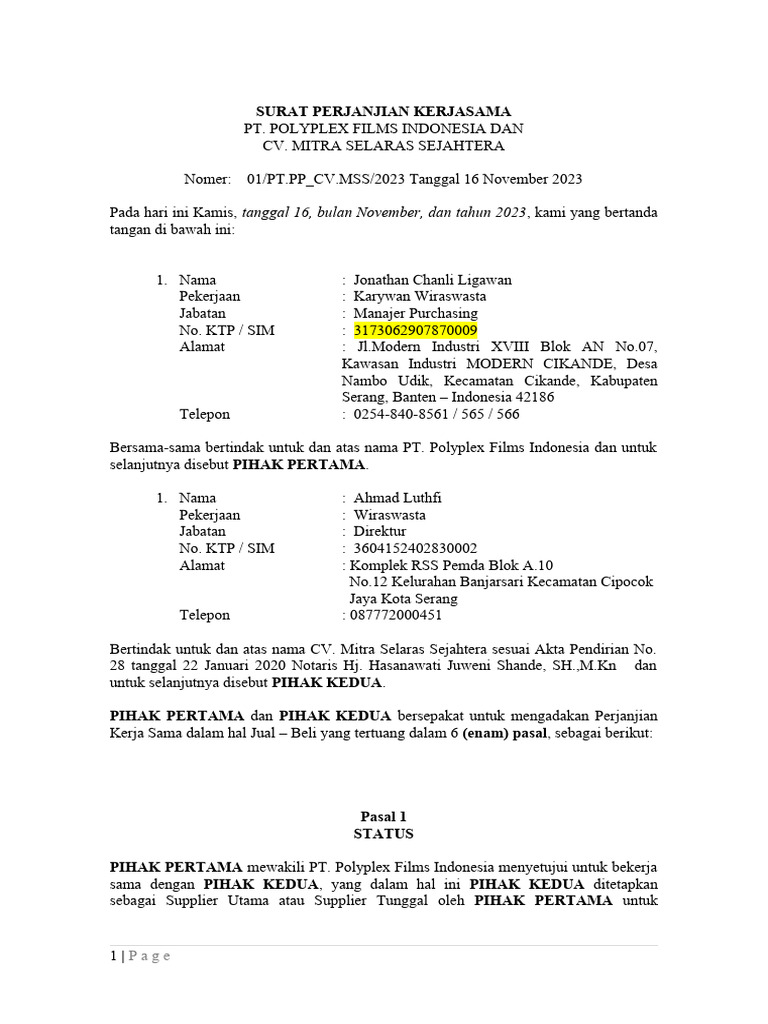 KONTRAK LABEL DAN RIBBON MITRA SELARAS Revisi Dari PFI-1 | PDF