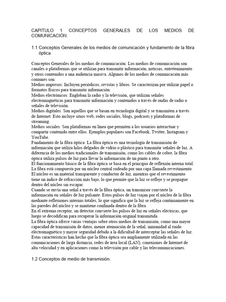 Capitulo 1 Conceptos Generales de Los Medios de Comunicación | PDF | Fibra óptica | Medio de ...
