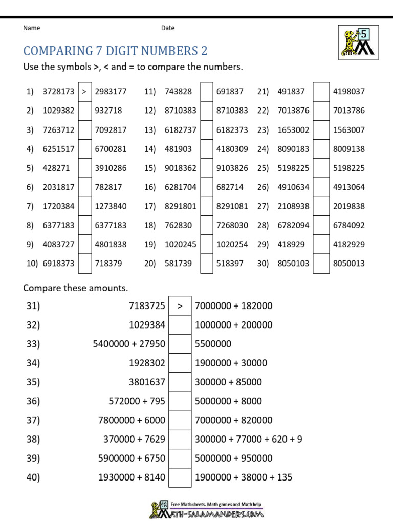 Comparing 7 Digit Numbers 2 | PDF
