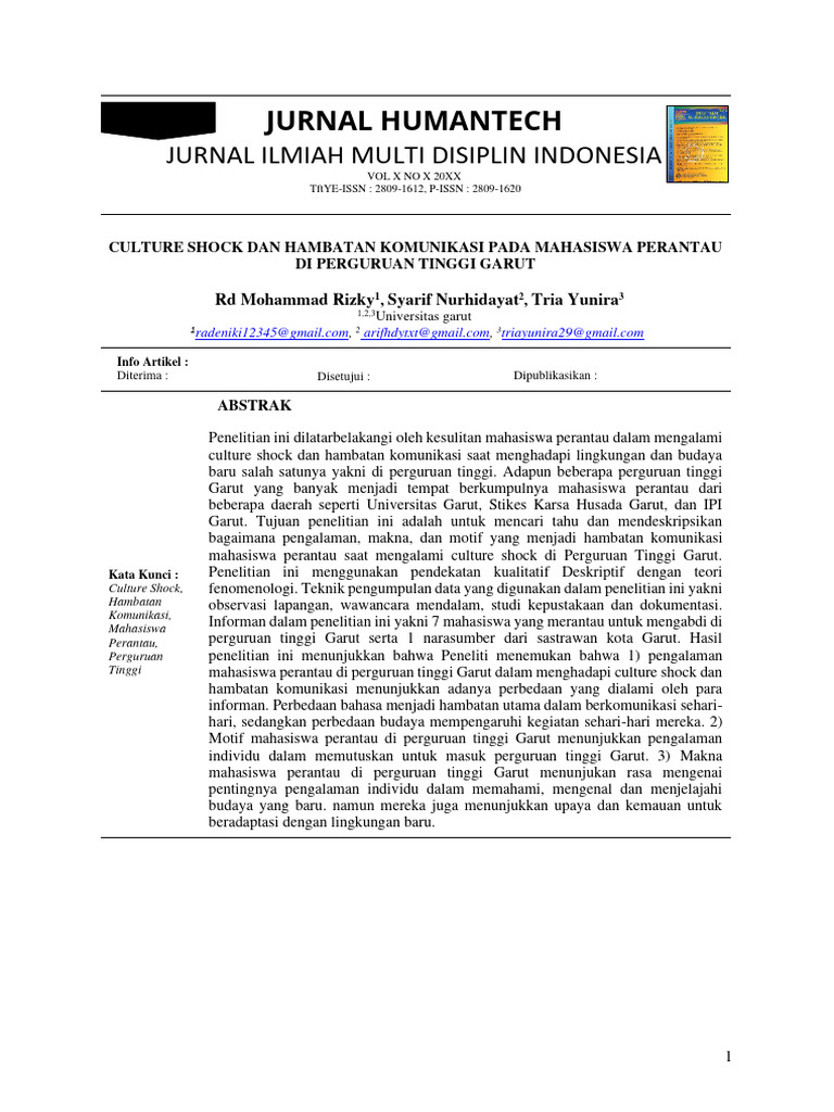 Revisi - Fix Template Humantech - Culture Shock Dan Hambatan Komunikasi Pada Mahasiswa Perantau ...