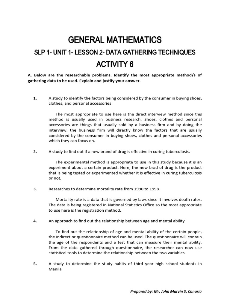 SLP 1 - Unit 1 - Lesson 2 - Activity 6 (Statistics and Probability) | PDF | Questionnaire ...