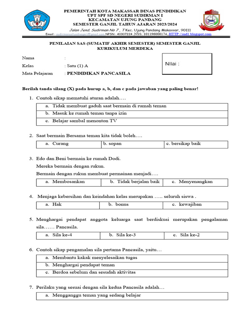 Soal Pas PKN KLS 1 | PDF