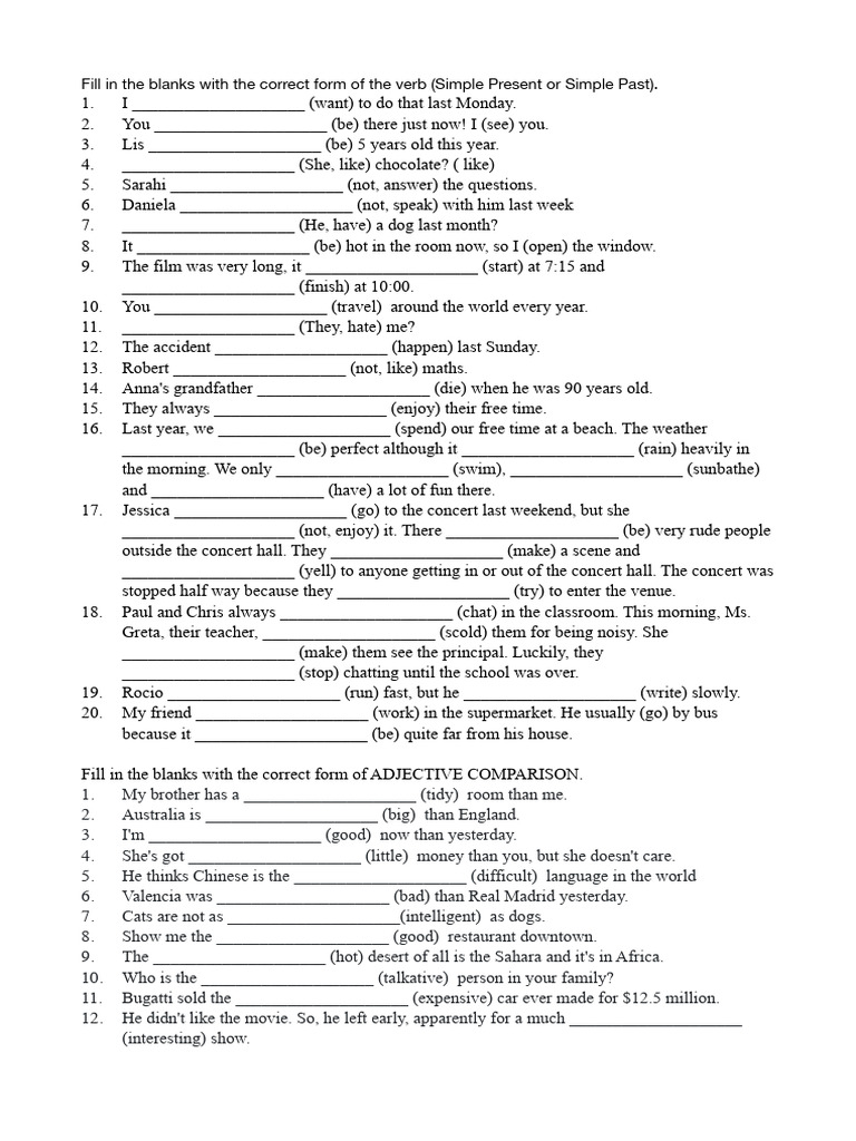 Simple Present & Past, Adjective Comparison | PDF