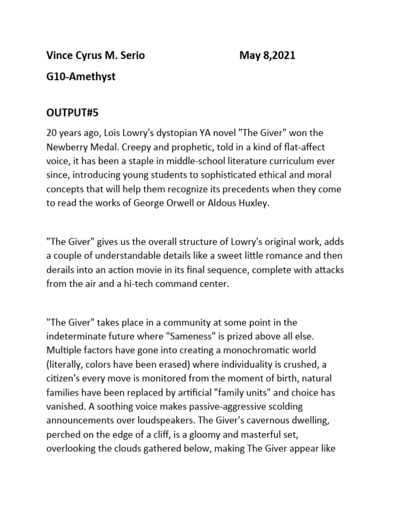 Essay | PDF | The Giver