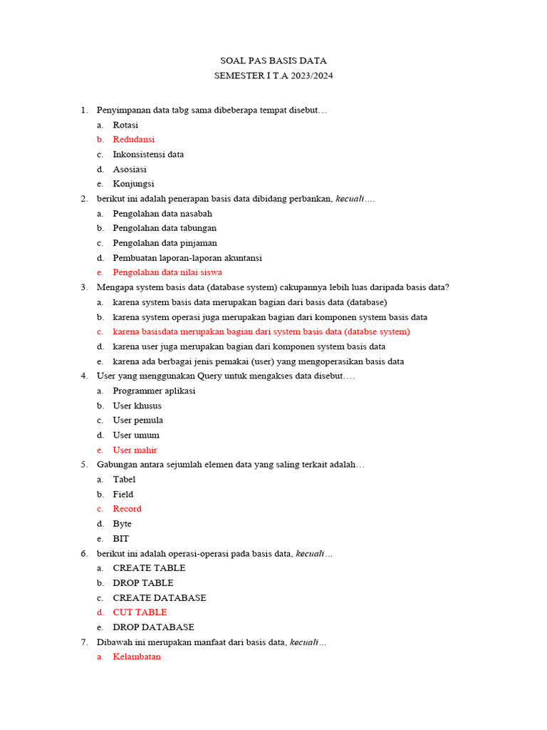 Kisi - Kisi Soal Pas Basis Data | PDF | Komputer | Teknologi & Rekayasa