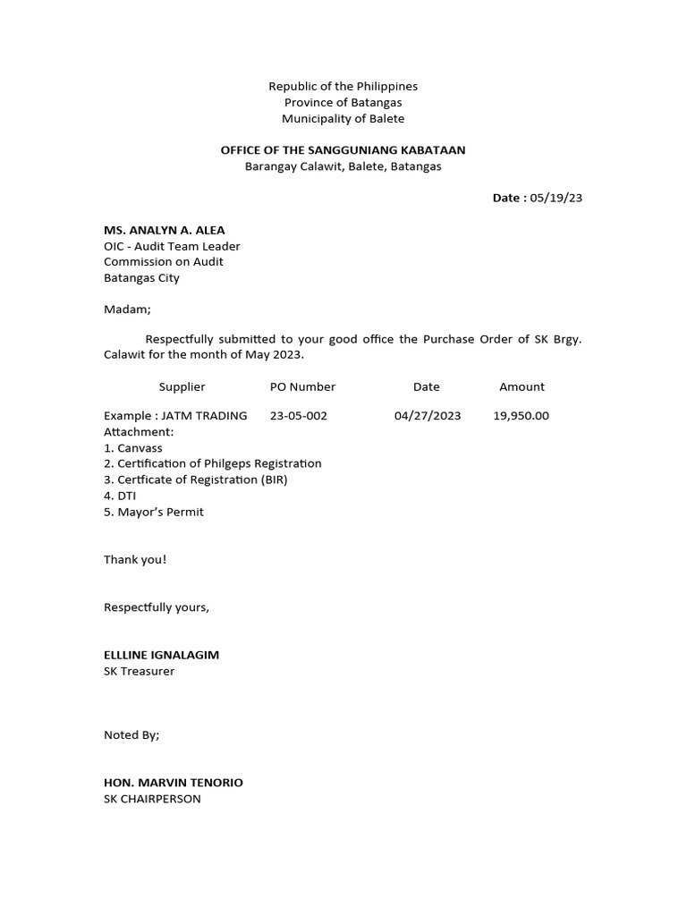 SK Transmittal COA Calawit | PDF