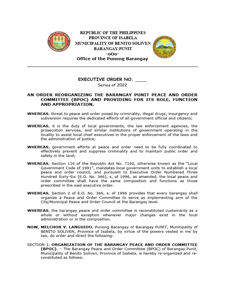 Reorganization of Barangay BPOC | PDF | Executive Order | Common Law