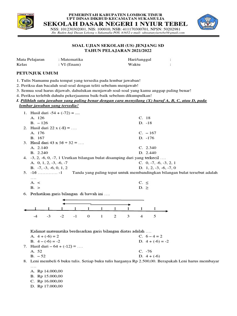 Soal Ujian Kelas Vi Matimatika | PDF