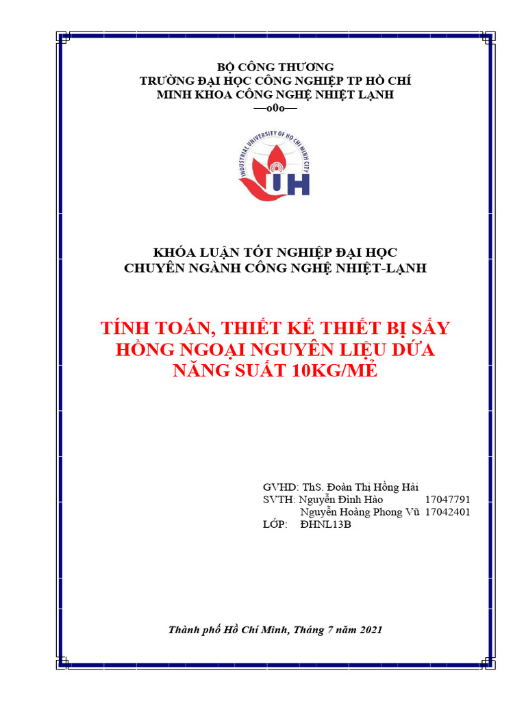 123doc Tinh Toan Thiet Ke Thiet Bi Say Hong Ngoai Nguyen Lieu Dua Nang Suat 10kgme | PDF