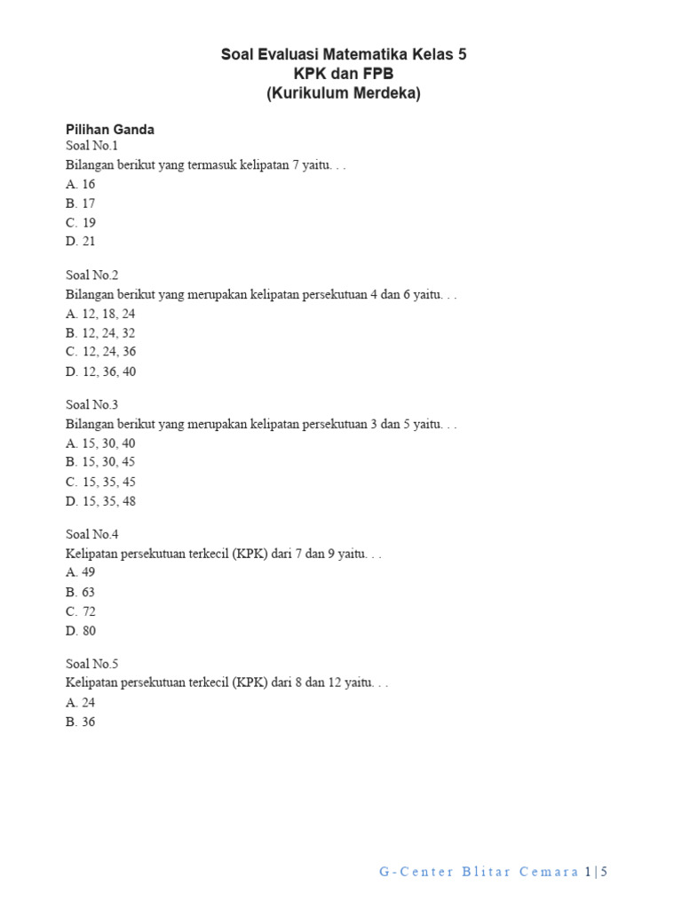 Soal Evaluasi KPK FPB Kelas 5 | PDF