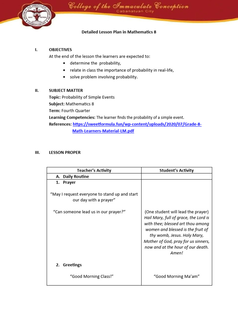 Detailed Lesson Plan in Mathematics 8 1 | PDF