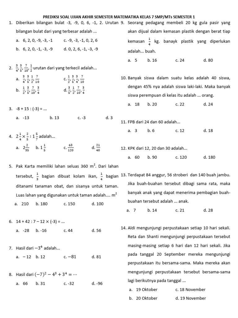 Soal Uas MTK Kelas 7 Semester 1 | PDF