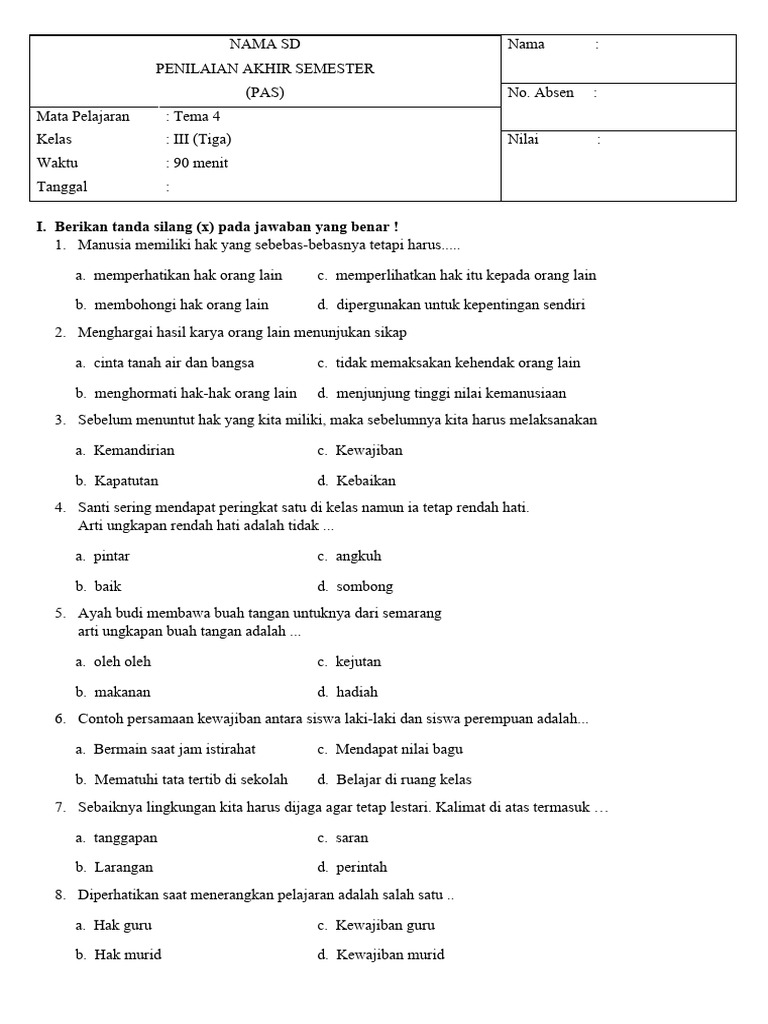 Soal PAS Tema 4 Kelas 3 (Infodikdasmen - Com - 081248 | PDF