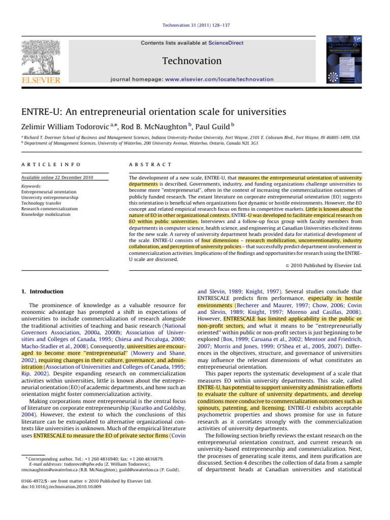 ENTRE-U: University Entrepreneurial Scale | PDF | Factor Analysis ...