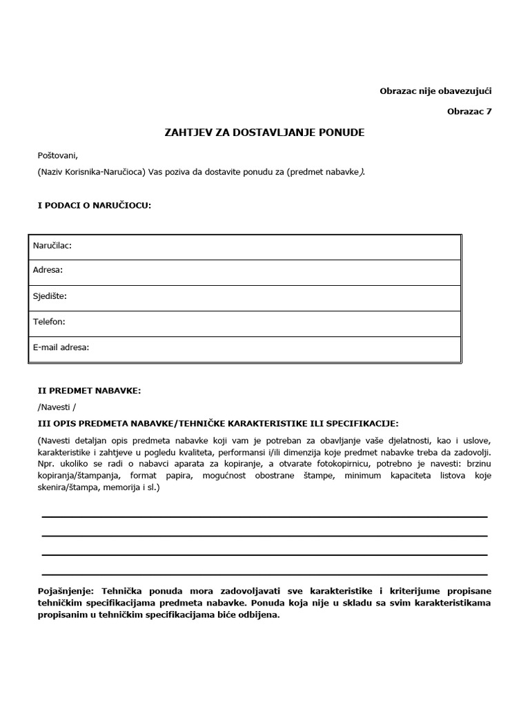 Obrazac 7 Zahtjev Za Dostavljanje Ponude | PDF