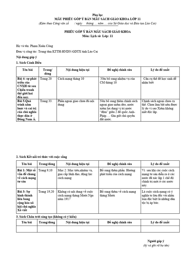 Phu luc II Mau phieu gop ý ban mau sach giao khoa lop 11 (1) | PDF