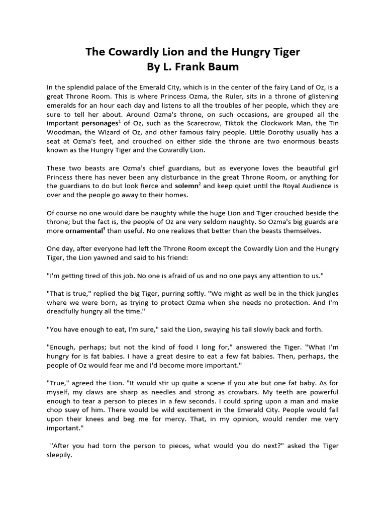 Cowardly Lion and Hungry Tiger's Dilemma | PDF | Land Of Oz | Princess Ozma