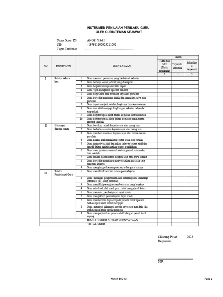 Suplemen Instrumen PKG 360 2023 | PDF