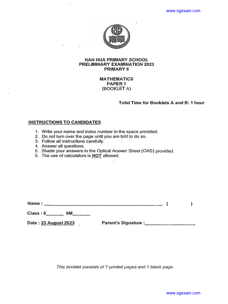 2023-P6-Maths-Prelim-Nan Hua | PDF | Science