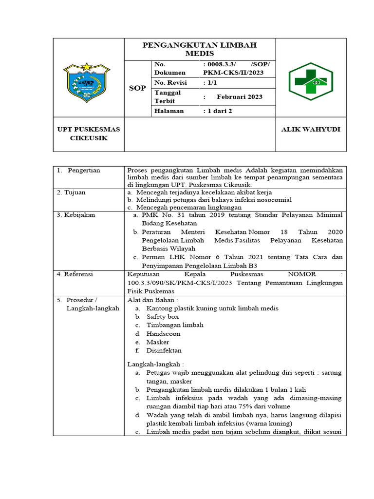 SOP PENGANGKUTAN LIMBAH MEDIS Fixs | PDF
