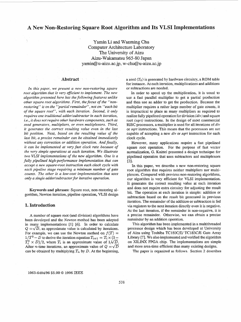 A New Nonrestoring Square Root Algorithm And Its Vlsi Implementa Pdf Square Root Integer 7953
